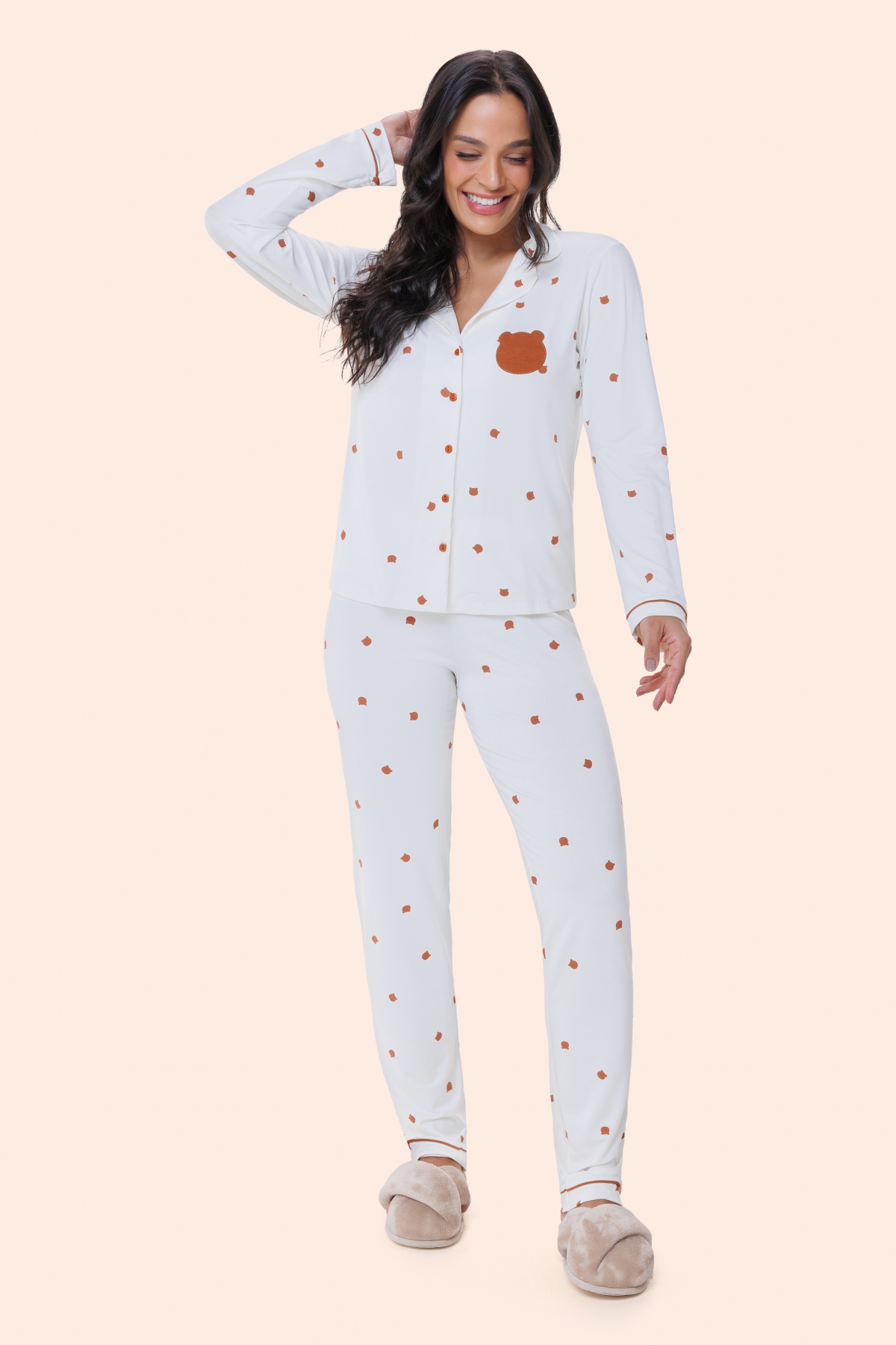 PIJAMA FEMININO LONGO COM BOTÕES OFF URSO PLUS SIZE - BOCEJINHO